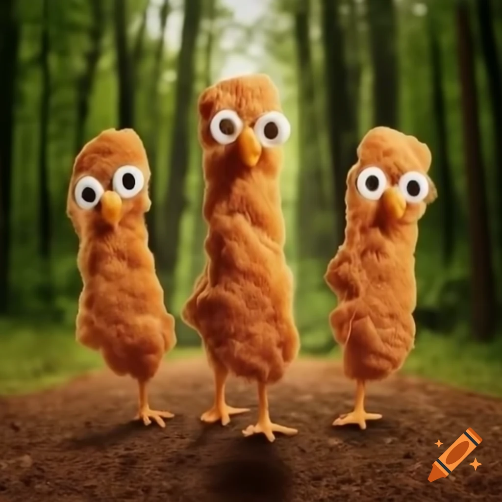 Anthropomorphic chicken nuggets walking and whistling in the woods on ...
