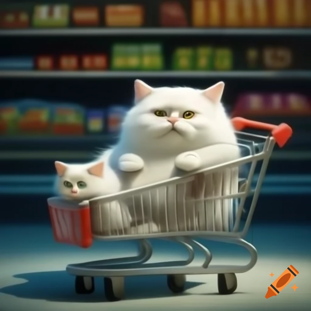 Fluffy white cat pushing kitten in shopping cart in supermarket aisle ...