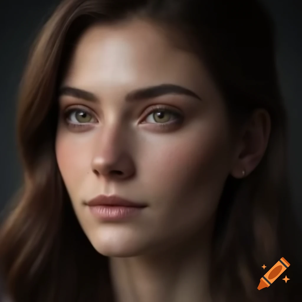 Hyper-realistic close-up portrait of a young woman with brunette hair ...