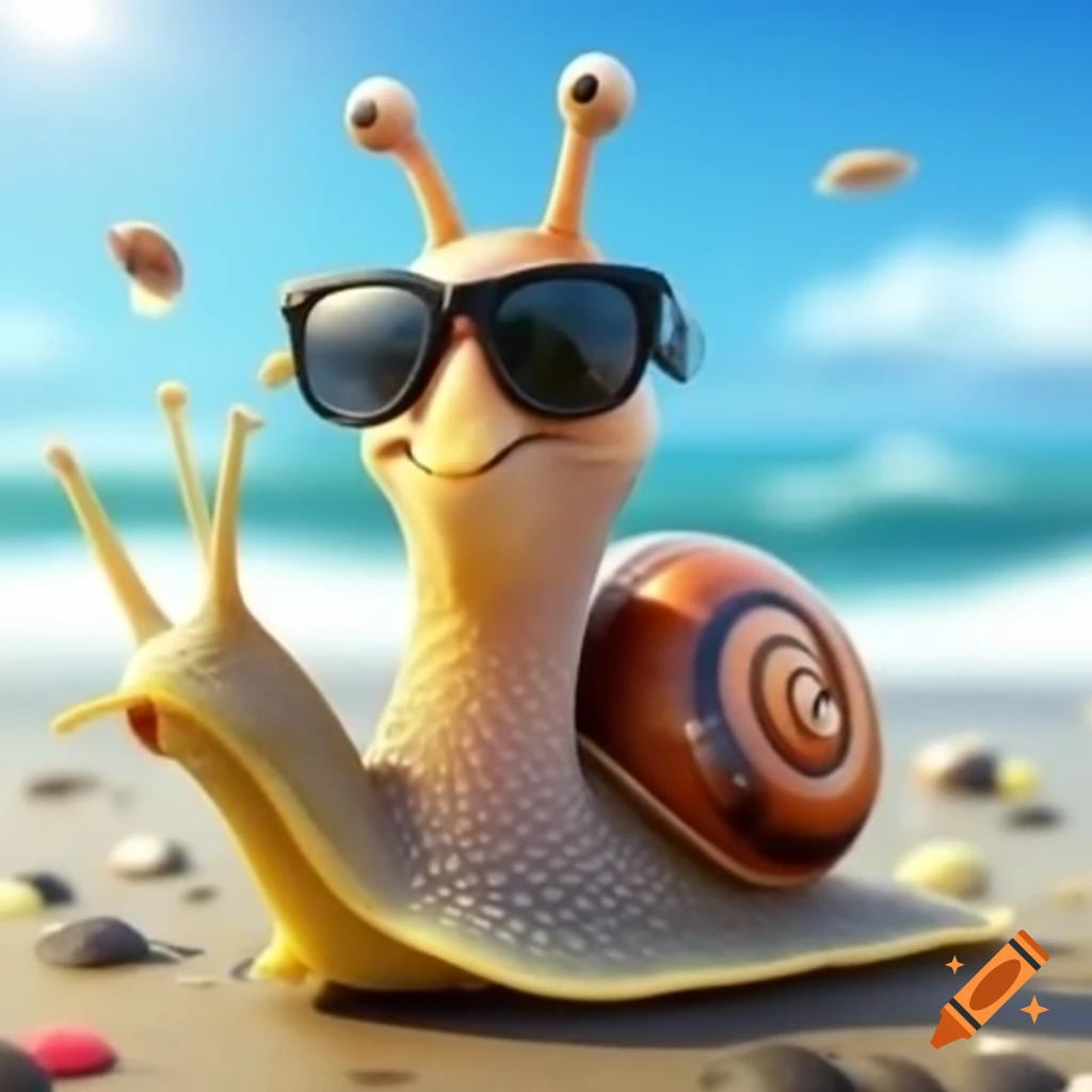Cool snail with sunglasses dashing across sunny beach leaving ...