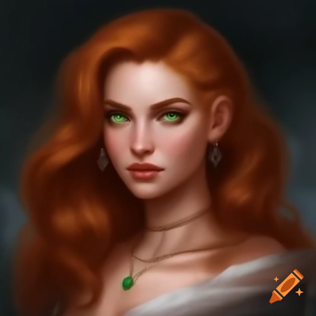 Glamorous caucasian woman in jewel-toned dress, wavy auburn hair and ...