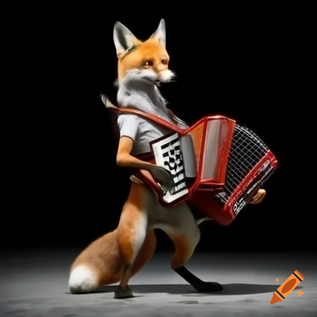 Realistic fox playing accordion on hind legs with joyful expression on ...