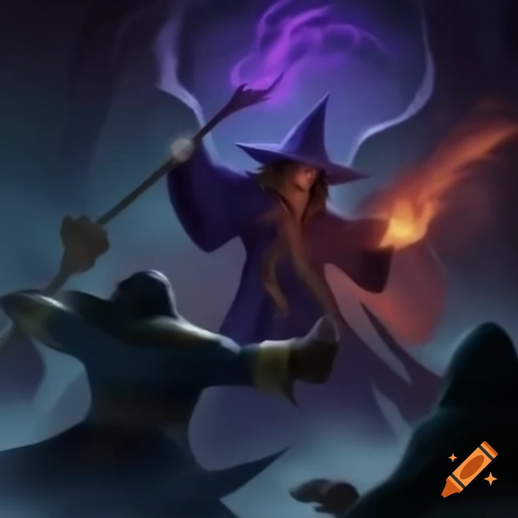 Battle scene between a good wizard and an evil wizard on Craiyon
