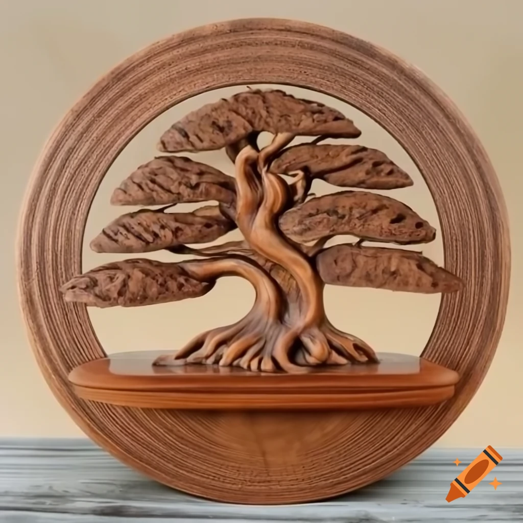 Wood board with intricate carving of a bonsai tree on Craiyon