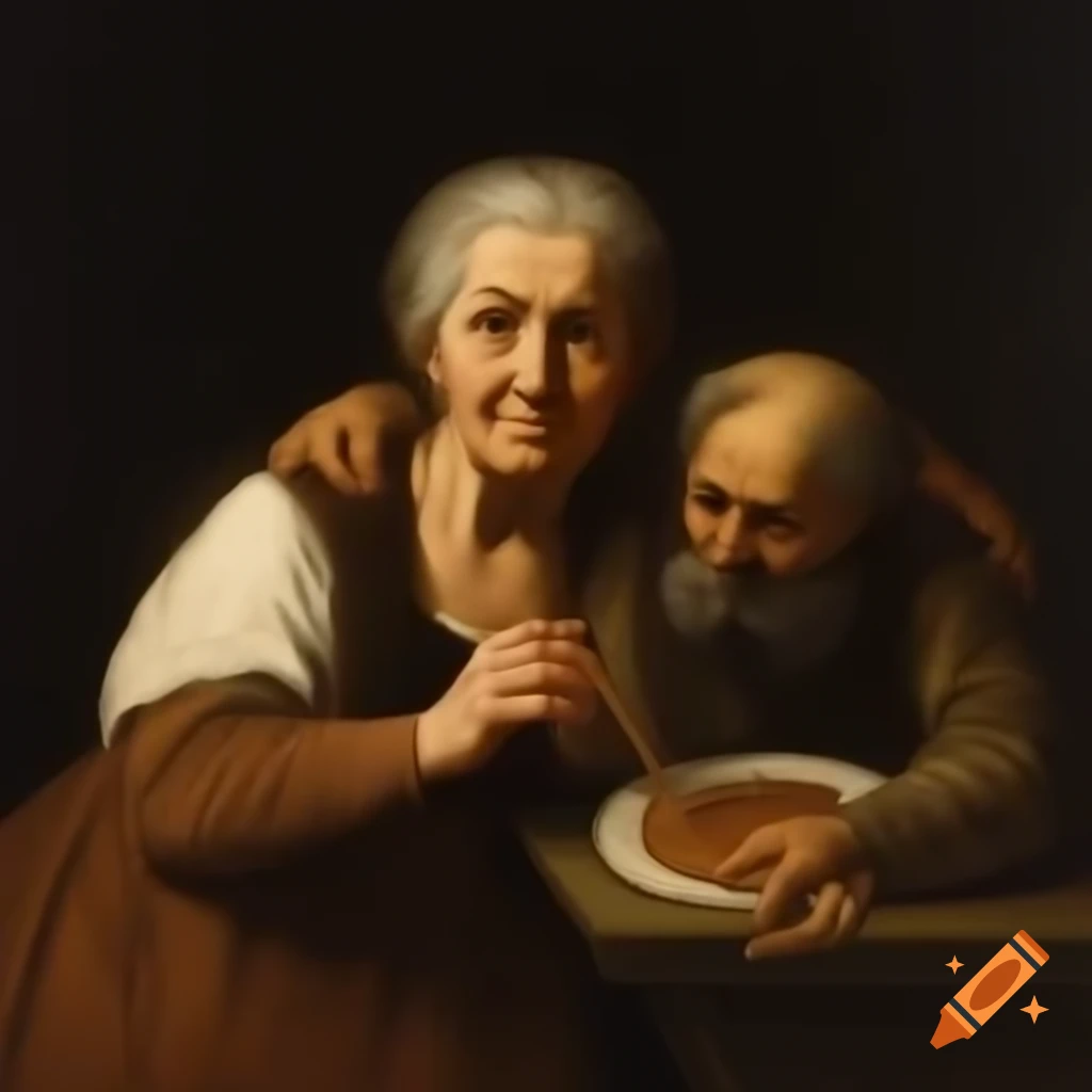 Old woman holding tiny cake with hesitant expression, symbolizing greed on Craiyon