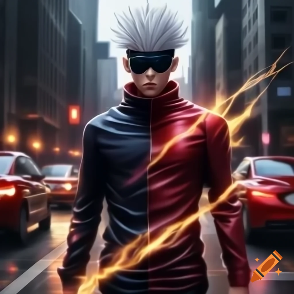 Gojo fighting Reverse Flash in a cityscape with cars on Craiyon