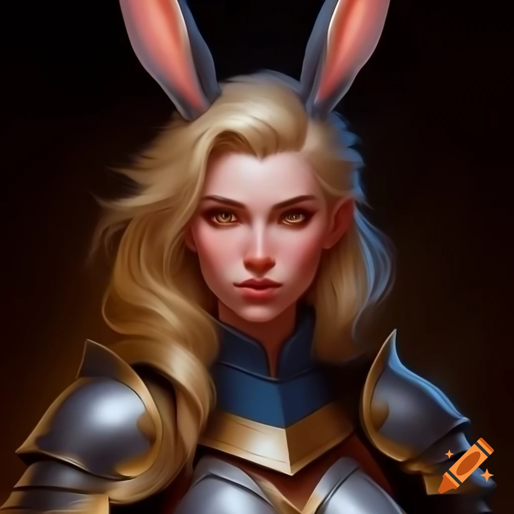 Female character in DND armor with blonde hair and rabbit ears on Craiyon