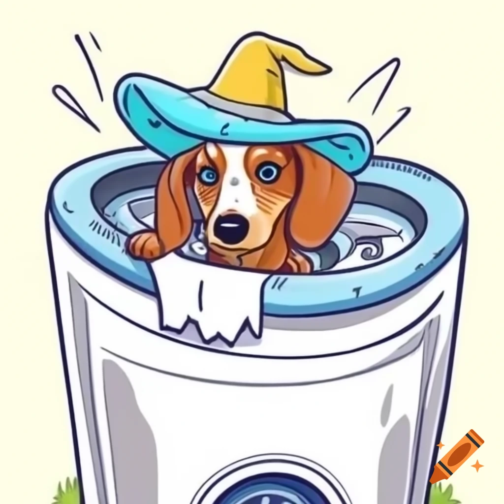 Dachshund in washing machine wearing hat in anime style on Craiyon