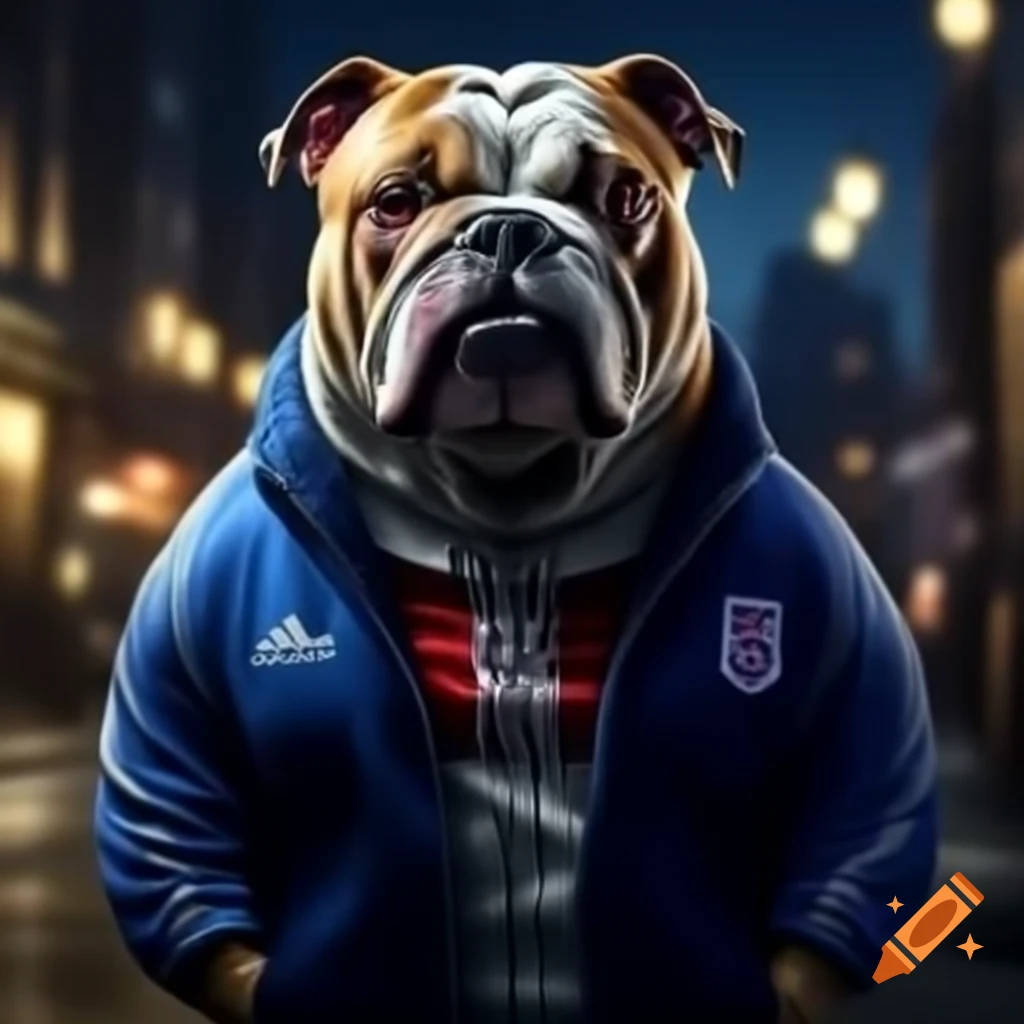 Muscled English bulldog in tracksuit standing in cinematic night city ...