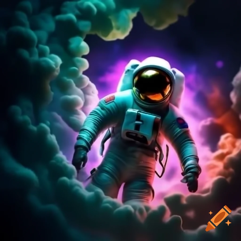Astronaut falling into smoke in swirling galaxy with green and purple ...