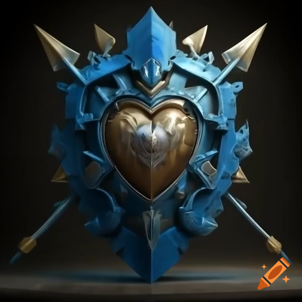 Majestic blue iron shield with jewel-encrusted spear centerpiece on Craiyon