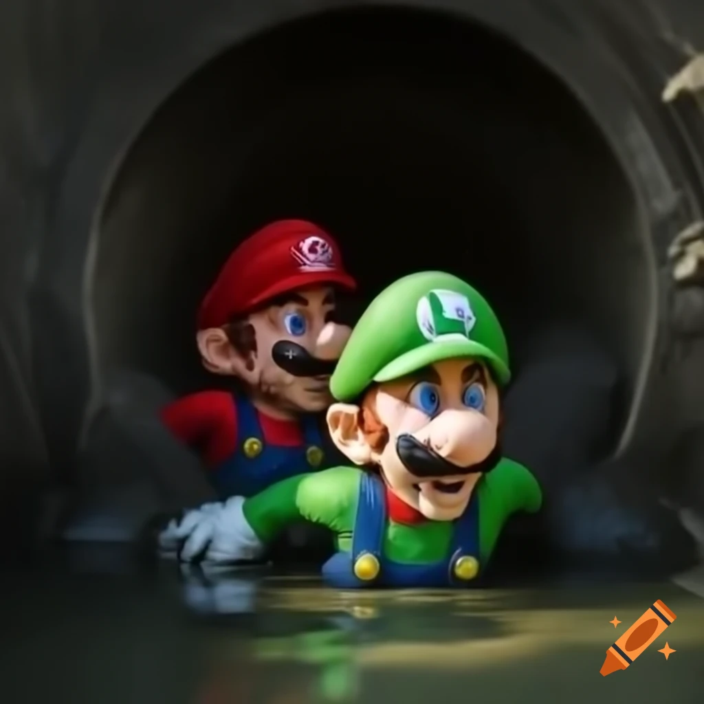 Mario and Luigi navigating through a sewage tunnel in a realistic style ...