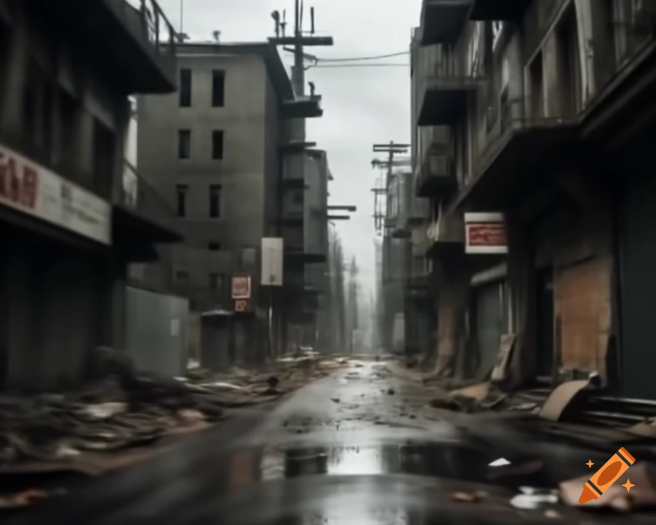Realistic post-apocalyptic cityscape on gloomy day with faded signs and ...