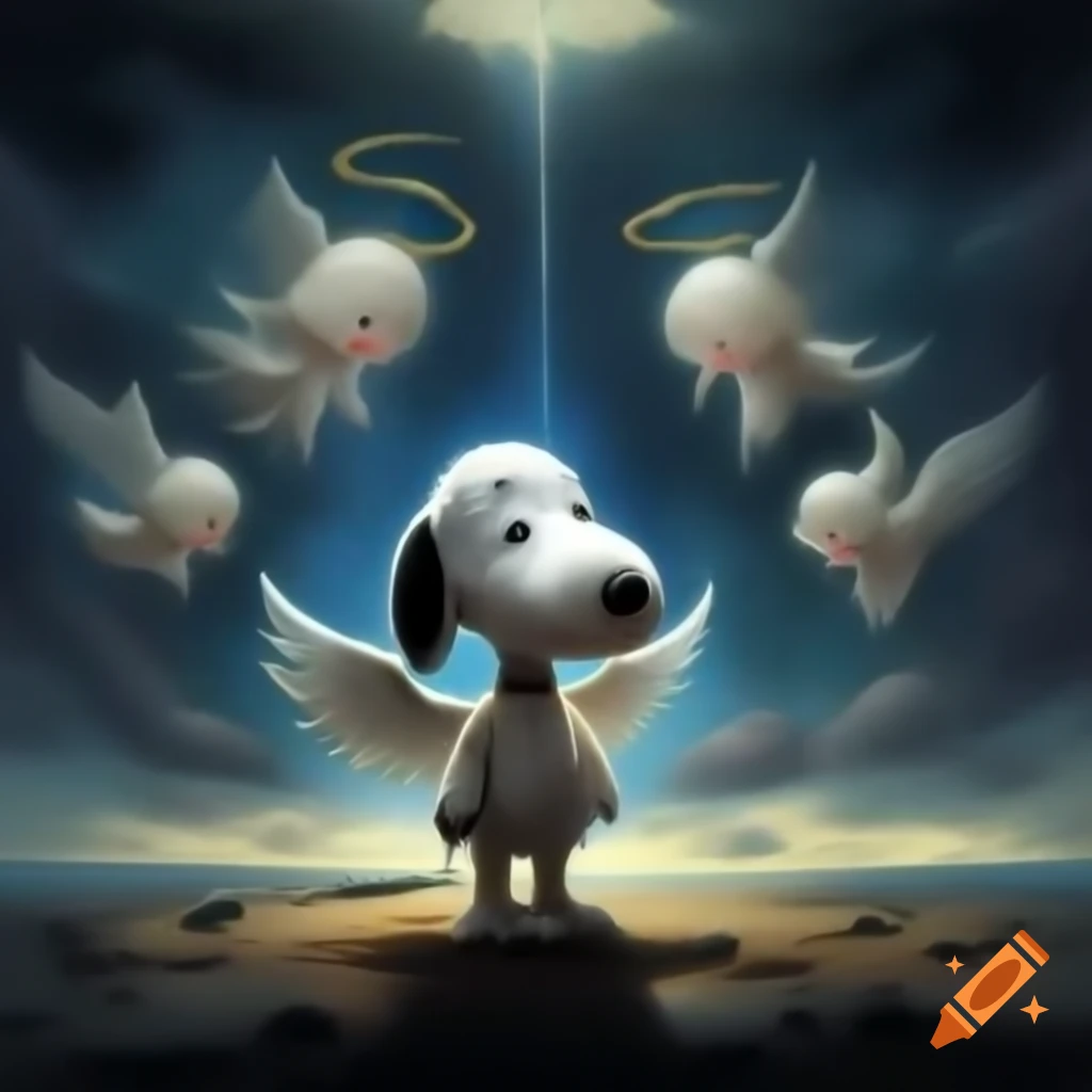 Snoopy gazing at angels in a heavenly scene on Craiyon