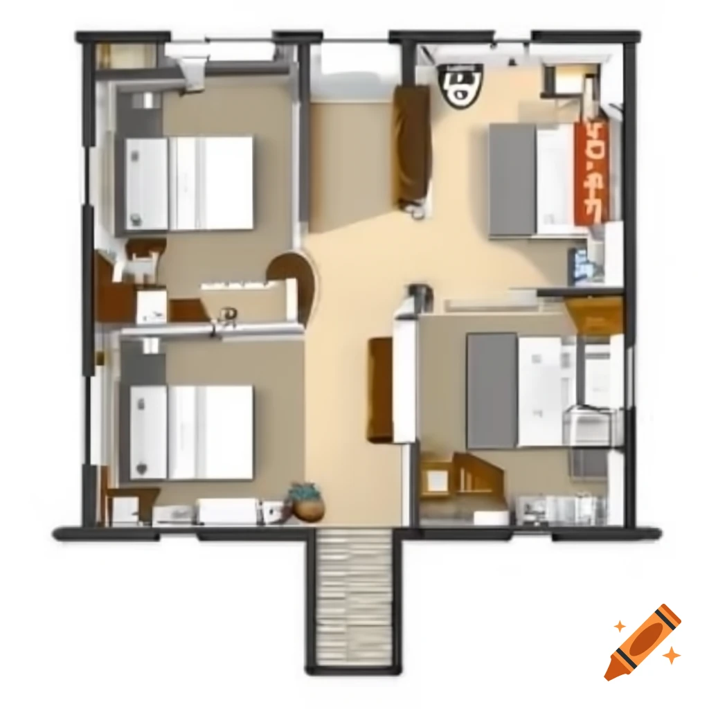 House plan of 100 square meters with open kitchen, dining, living room ...