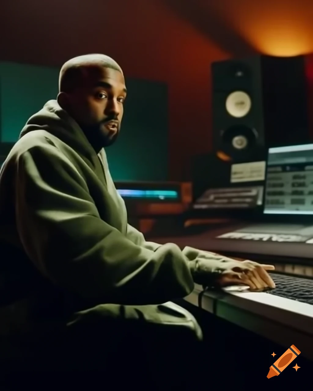 Kanye West creating music in a studio setting on Craiyon