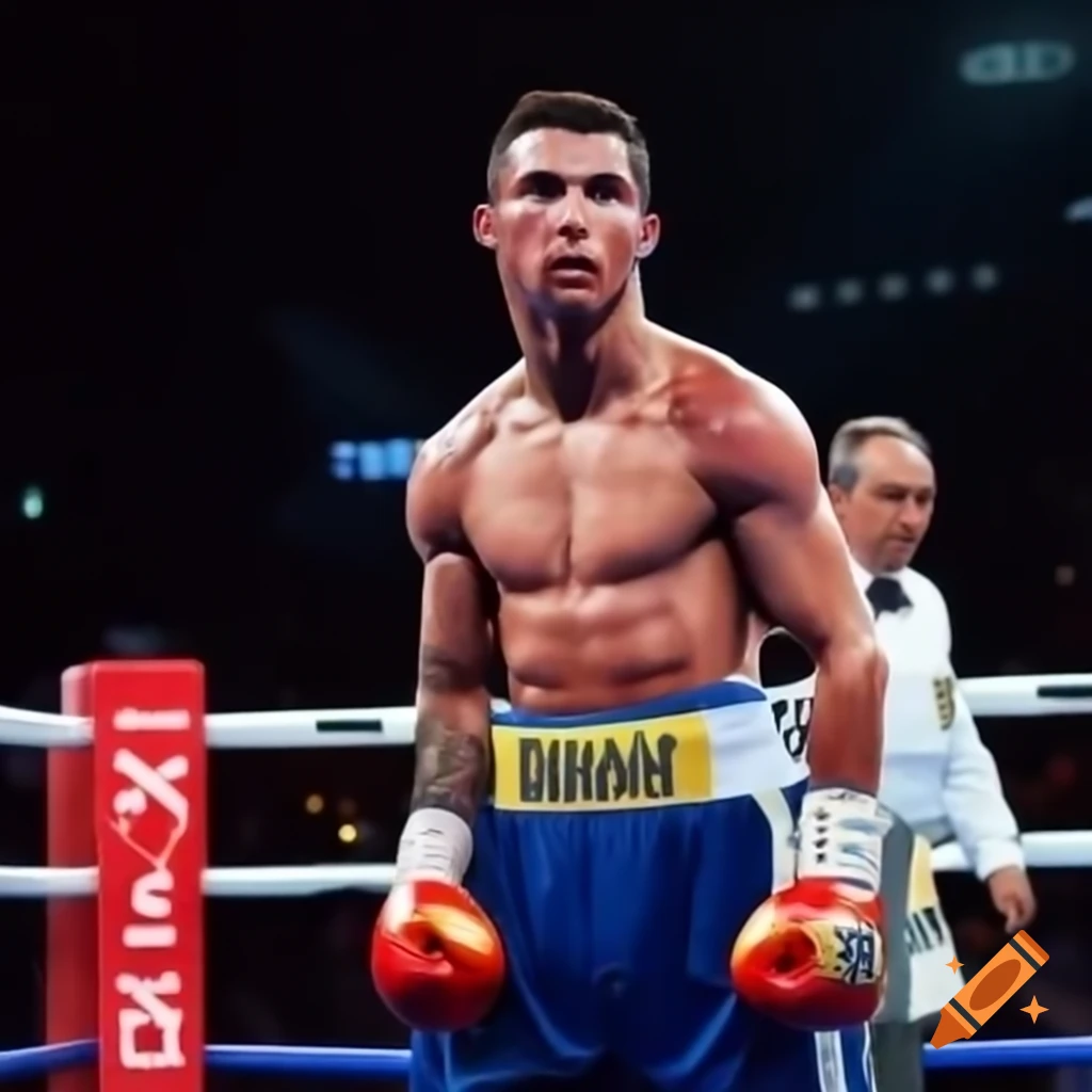 Christiano ronaldo and lionel messi in a boxing match on Craiyon