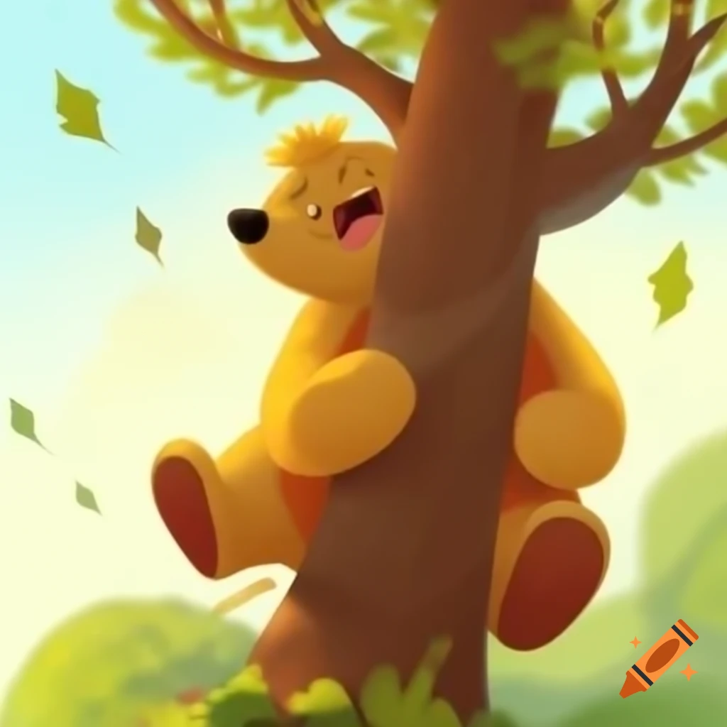 Cartoon bear tumbling from tree with flying branches and leaves on Craiyon