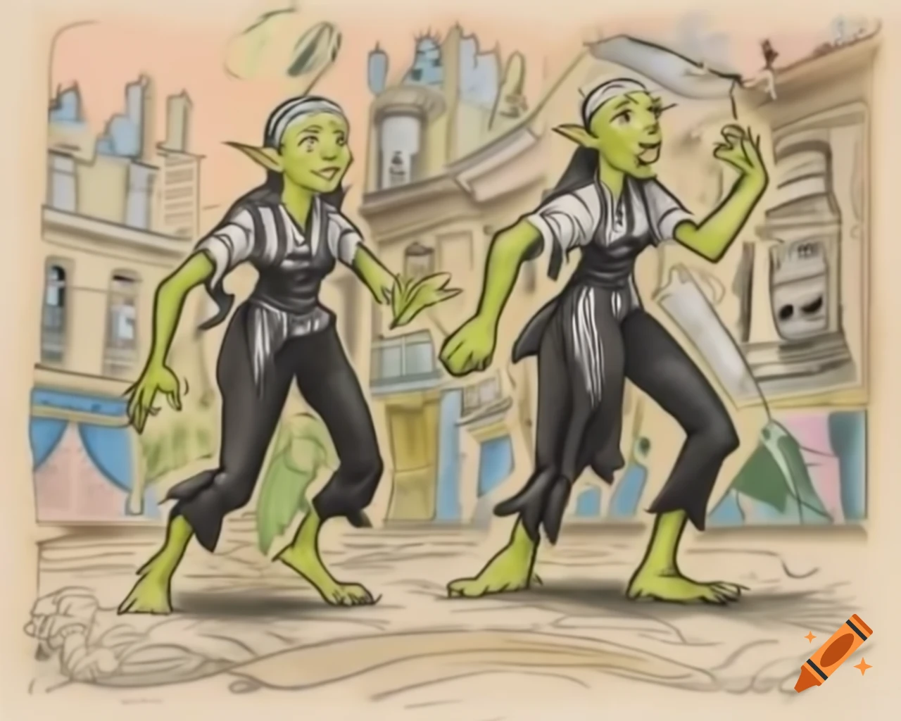 Adventurous goblin sisters in striped shirts skipping through parisian marketplace on Craiyon