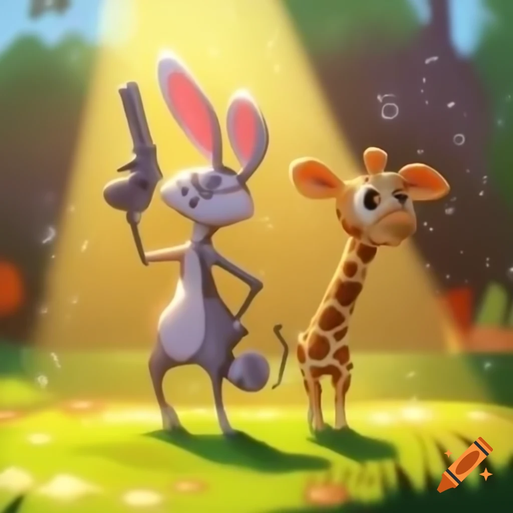 Animated rabbit holding water pistol, standing under sunlight with ...