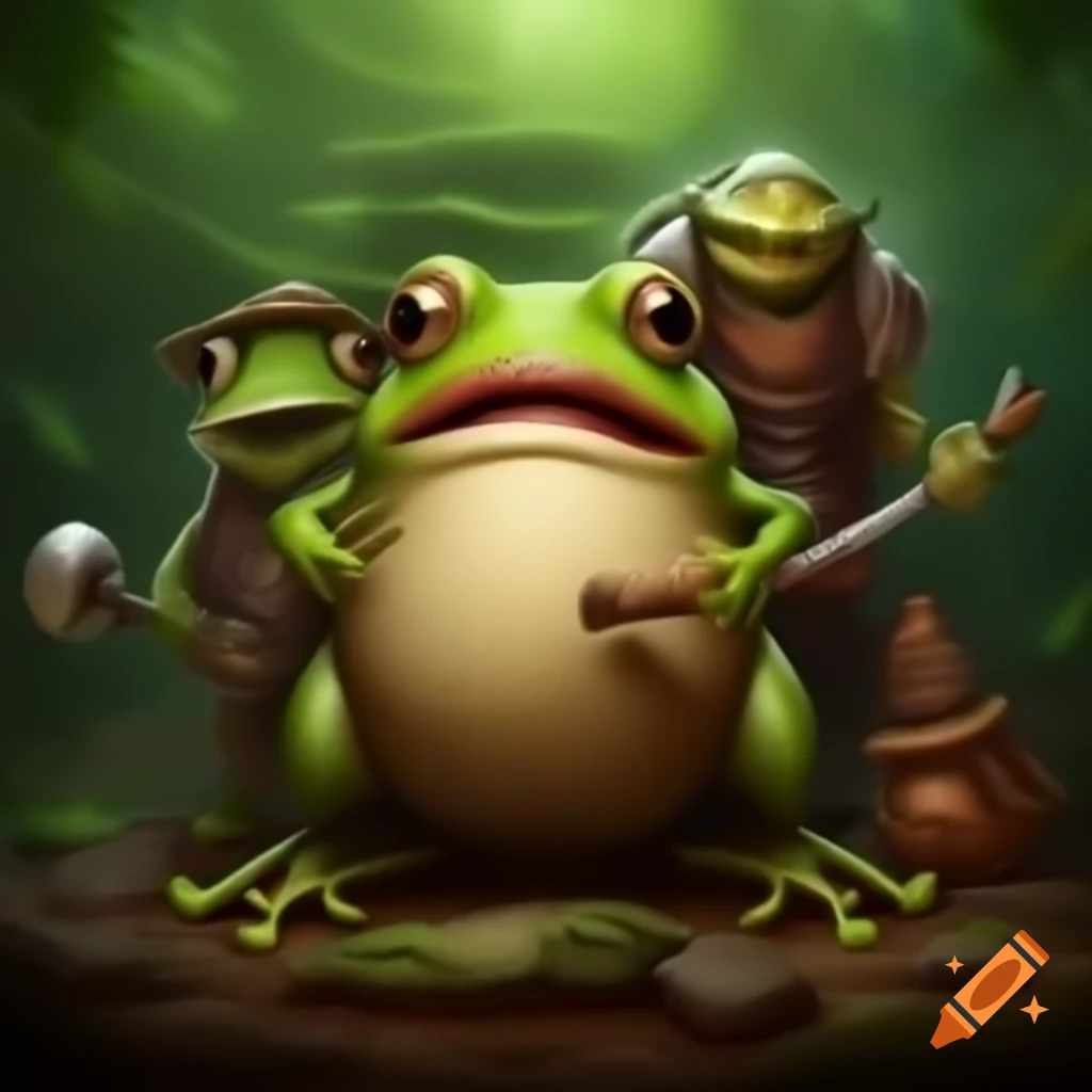 Giant frog and goblin designed as superheroes on Craiyon