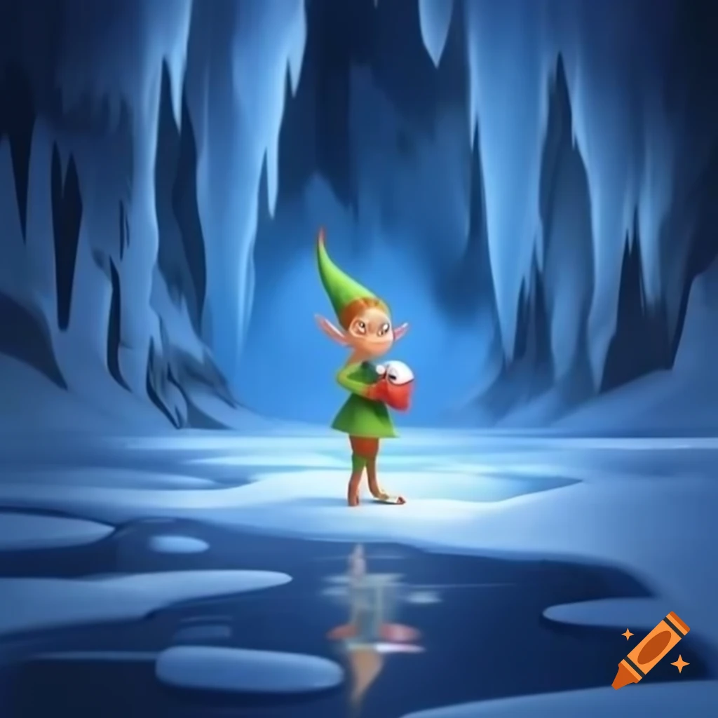 Elf standing on frozen lake with hole and hidden gift on Craiyon
