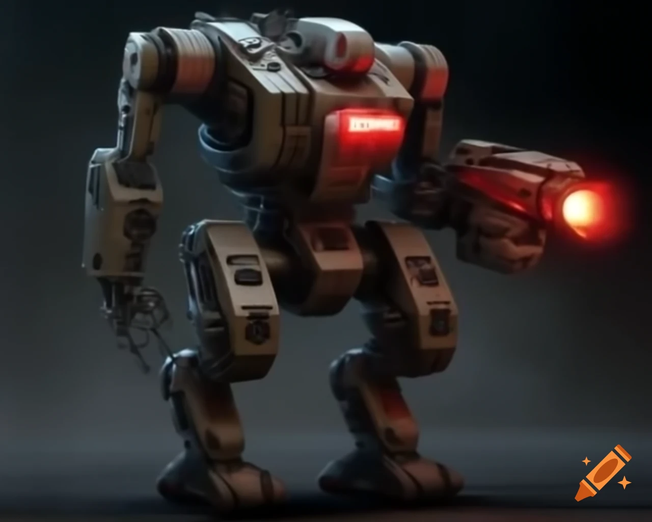 Humanoid robot with red glowing blaster rifle and industrial design on ...