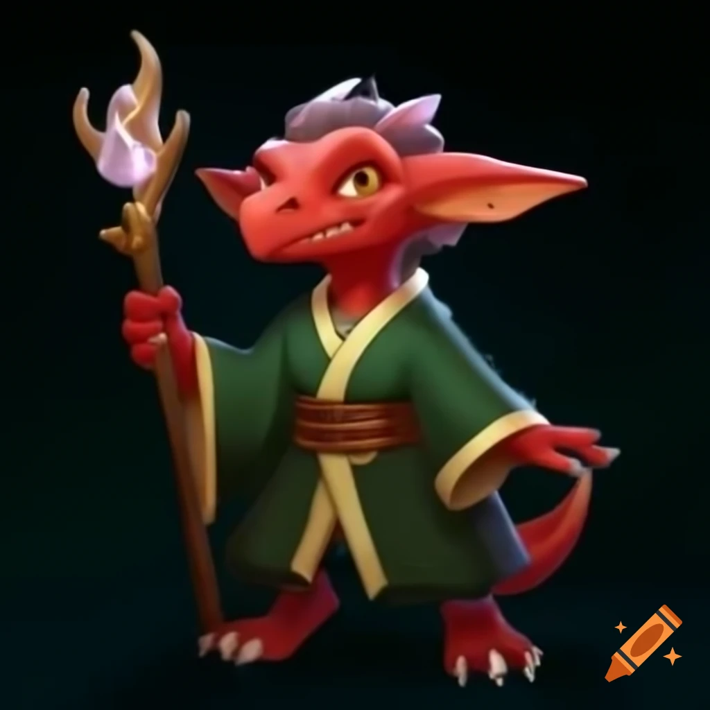 Mischievous red-skinned kobold in green robes wielding glass staff with ...