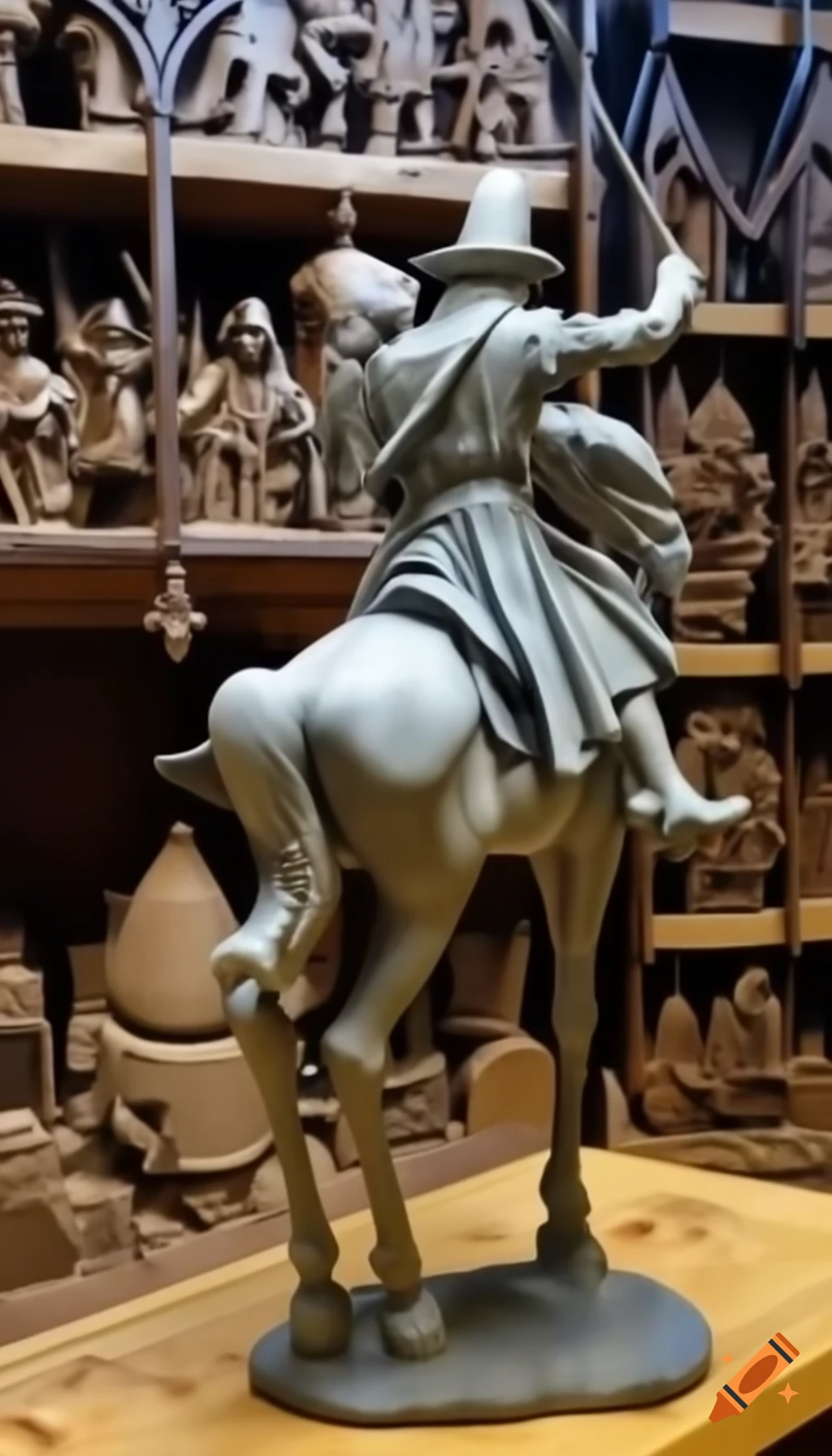 Detailed sculpture of Don Quixote in front of medieval farm backdrop on Craiyon