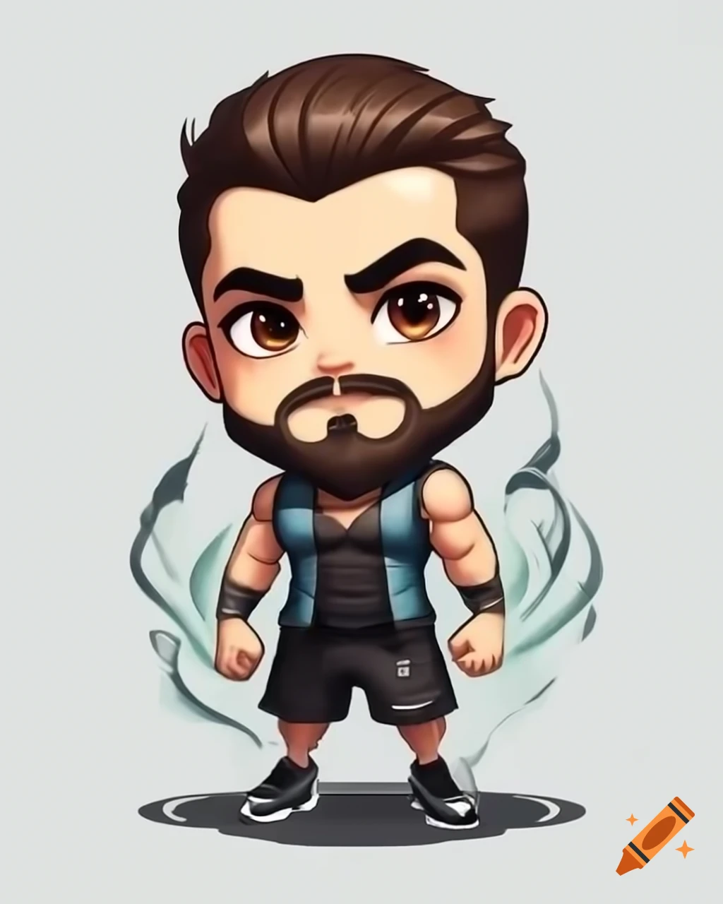 Chibi-style fitness trainer with beard in modern workout outfit on Craiyon