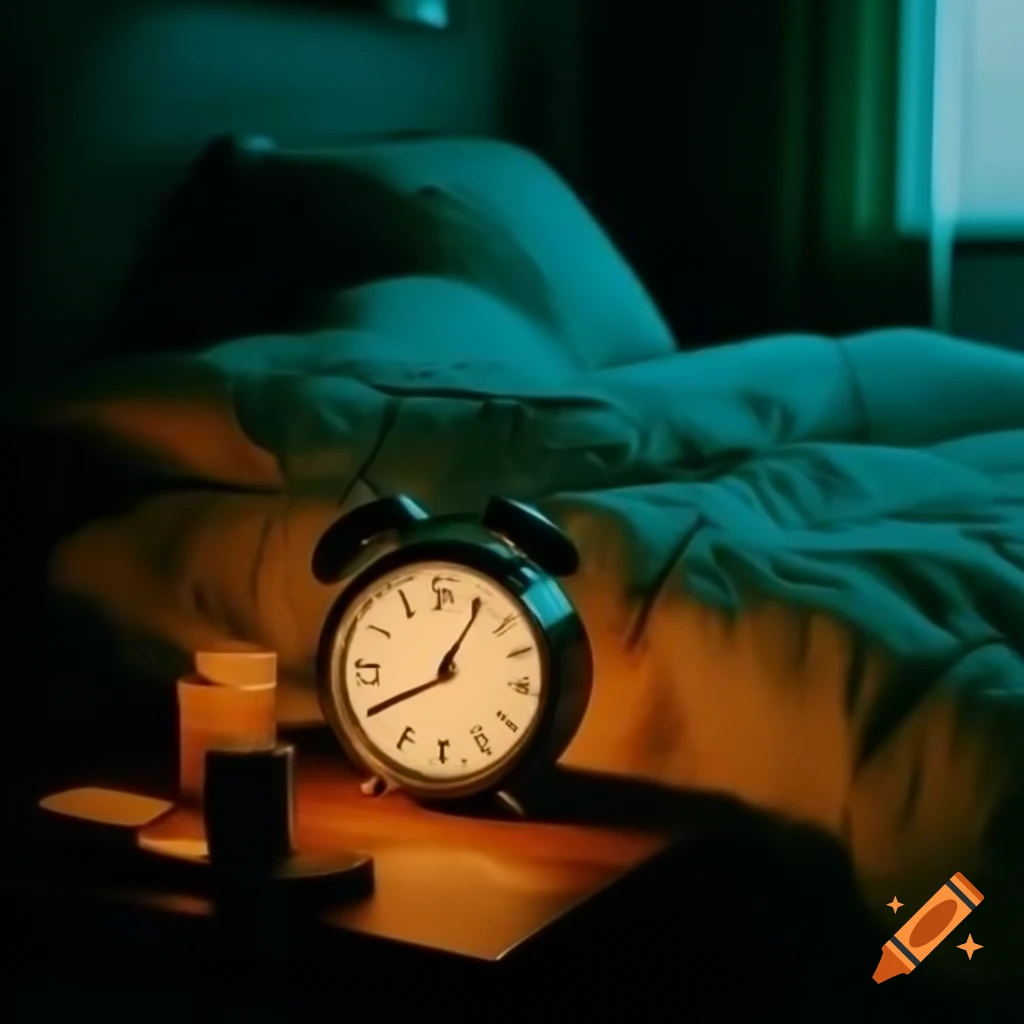 Cozy bedroom with bedside clock showing 10 PM and warm lighting on Craiyon
