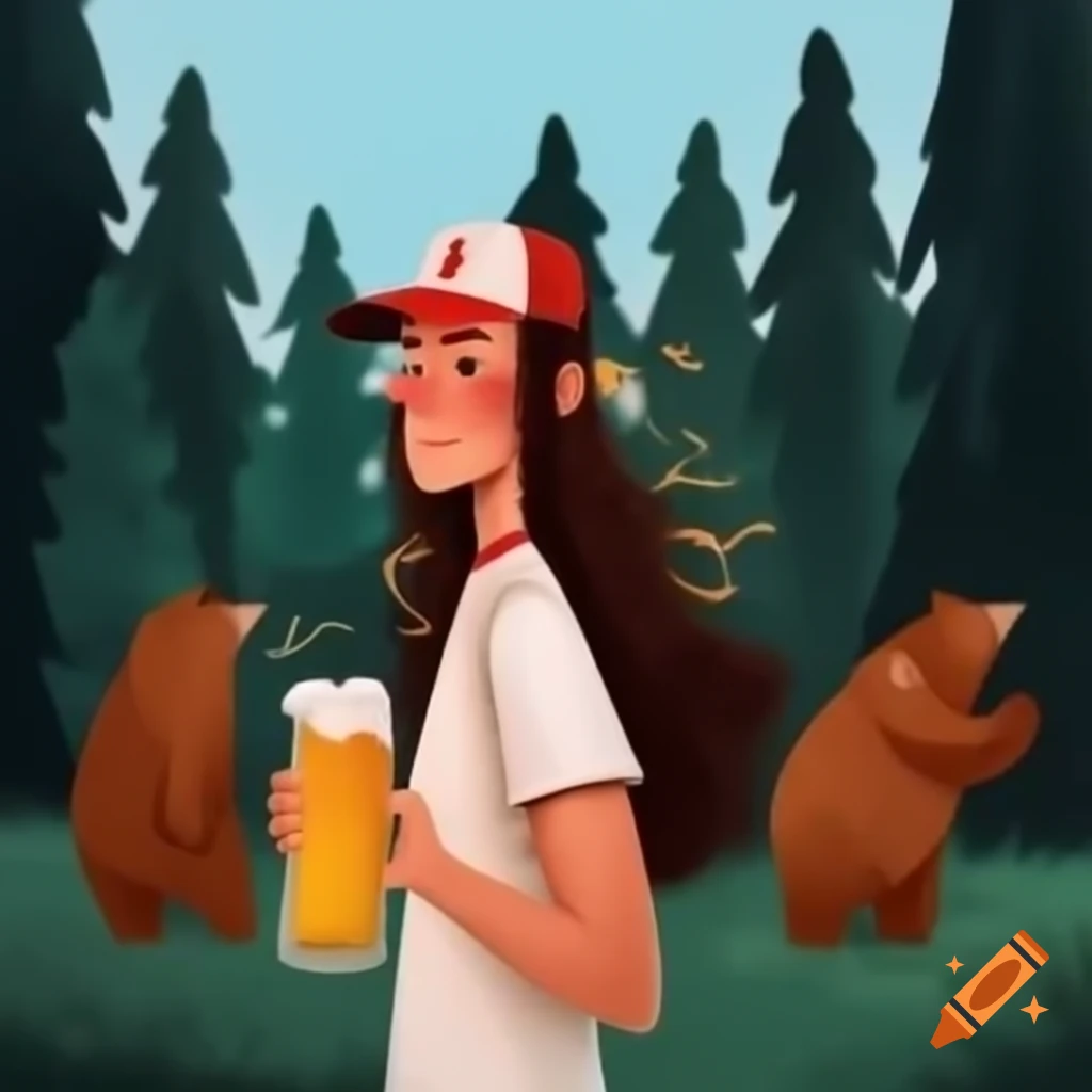 Man with long hair in baseball cap drinking beer near trees and bears on Craiyon