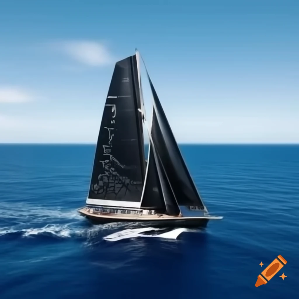 Sailboat with black sails sailing in the ocean on Craiyon