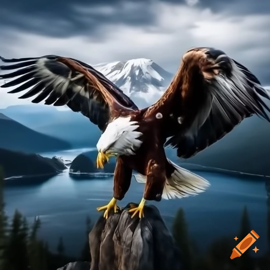 Golden and bald eagles soaring over Mount Rainier in the Pacific ...