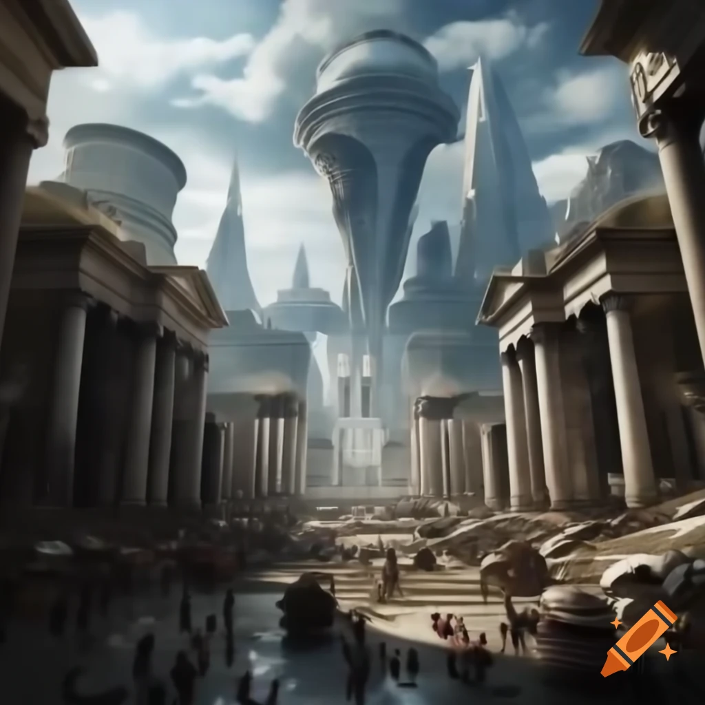 Futuristic metropolis blending classical architecture with skyscrapers ...