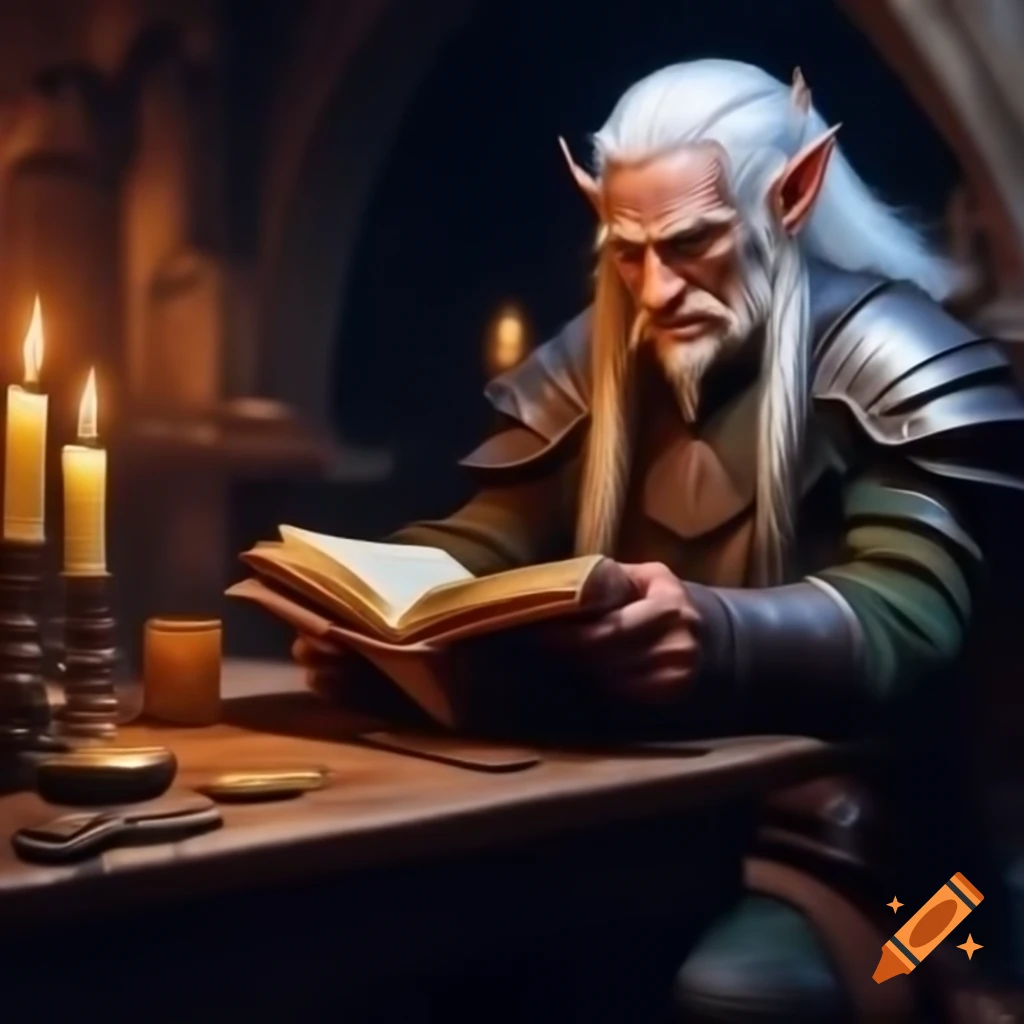 Old elf man in leather armor reading at wooden table in candle-lit ...