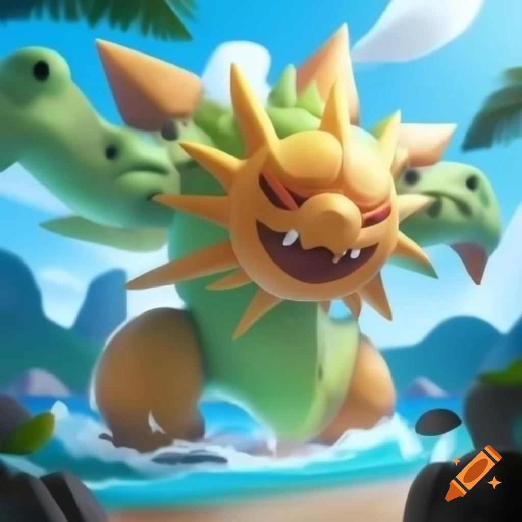 3D rendered legendary sunflower shaman monster Pokemon in tropical ...