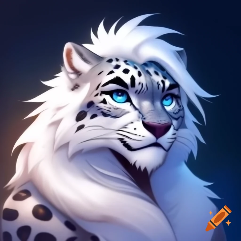 Anthropomorphic snow leopard with blue eyes and long white hair on Craiyon