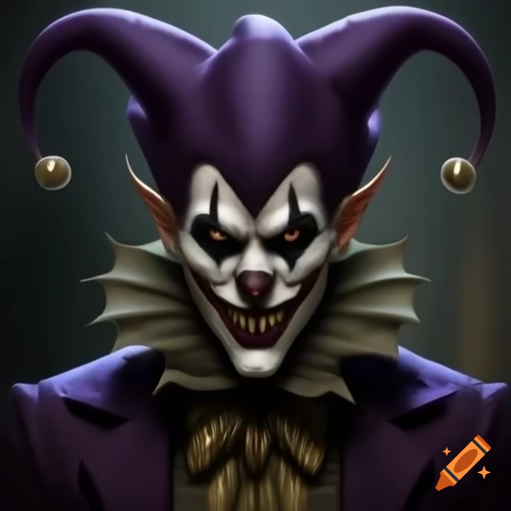 Villainous man in stylish jester outfit with elaborate clothes and make ...