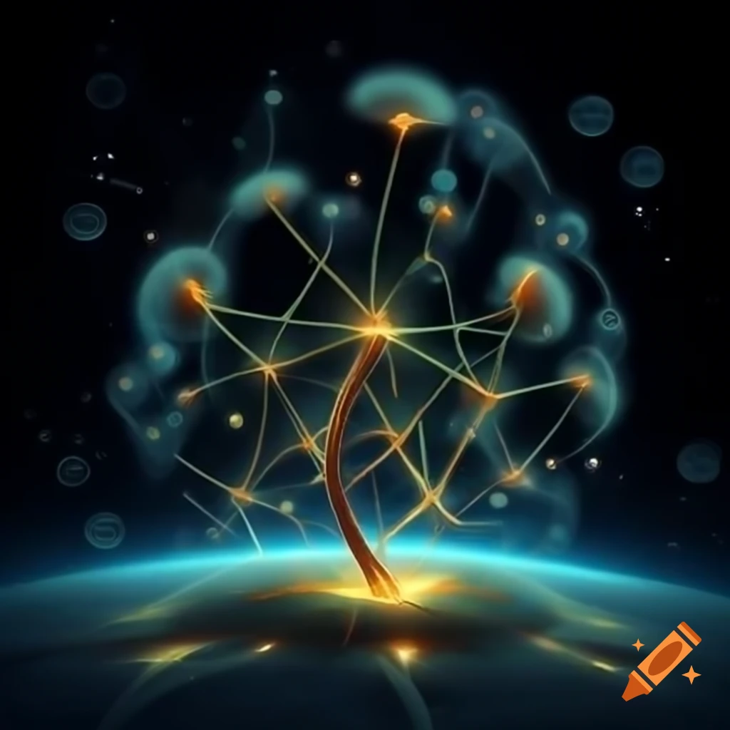 3D space with dandelion-like clusters of glowing data nodes floating in space on Craiyon