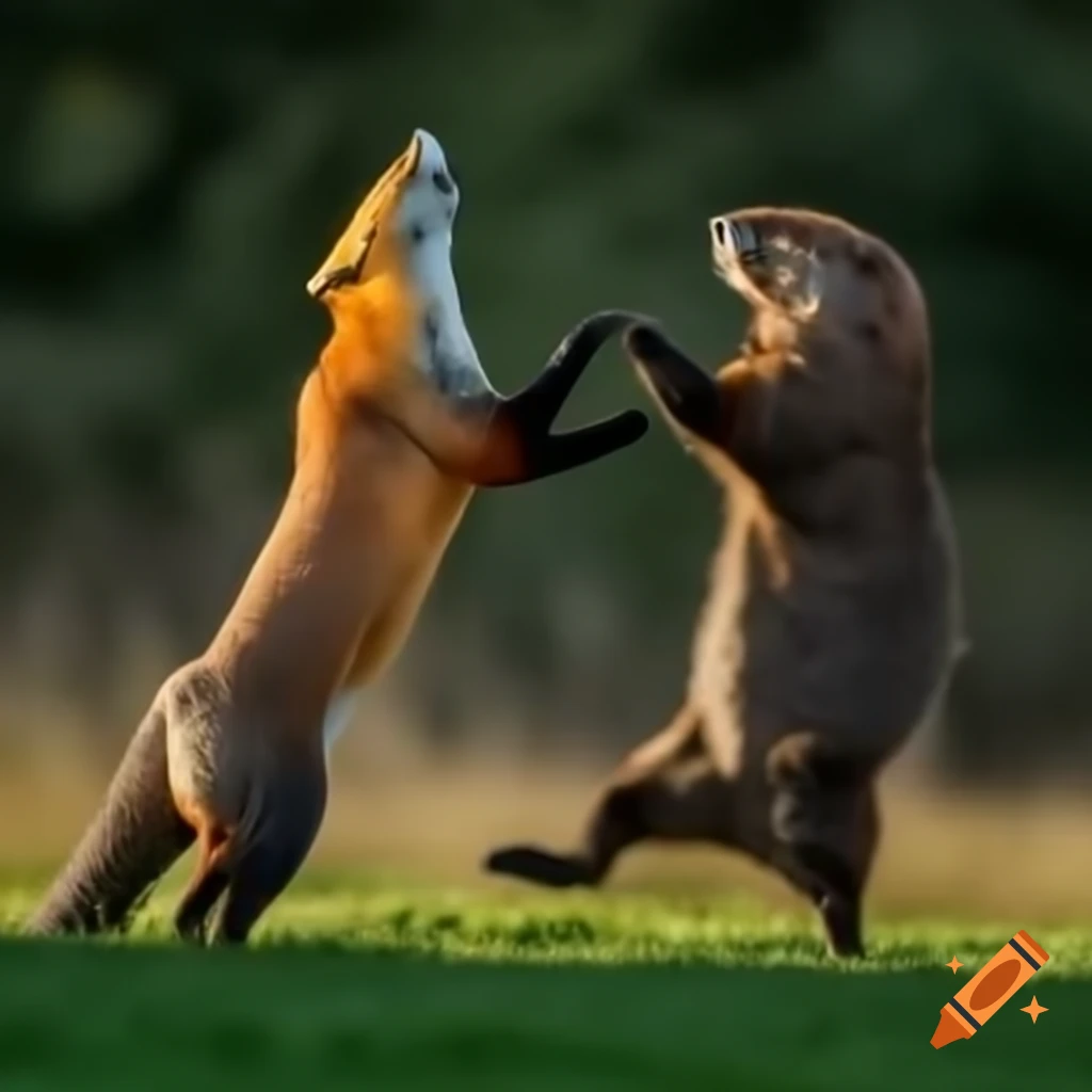 Fox chasing beaver in grass, photorealistic style on Craiyon