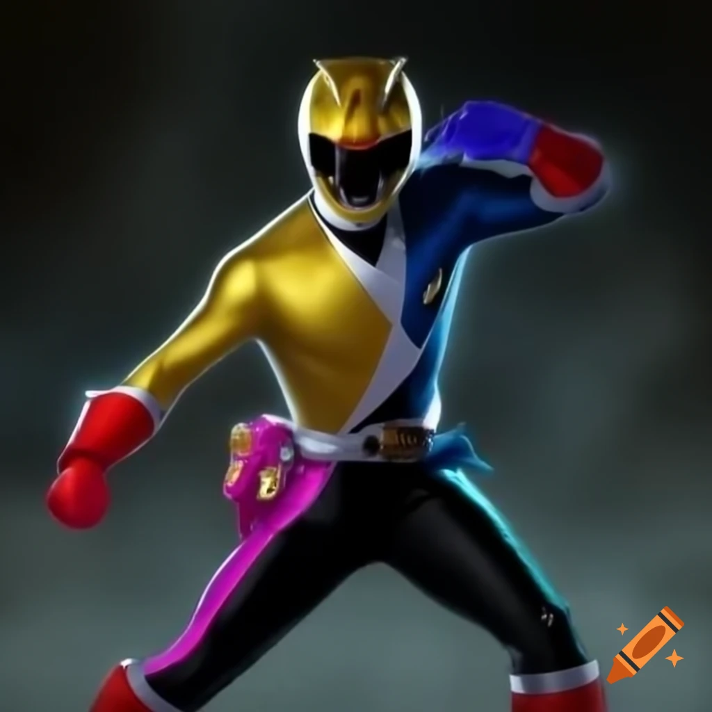 Person in multicolored sentai costume striking unusual pose with ...