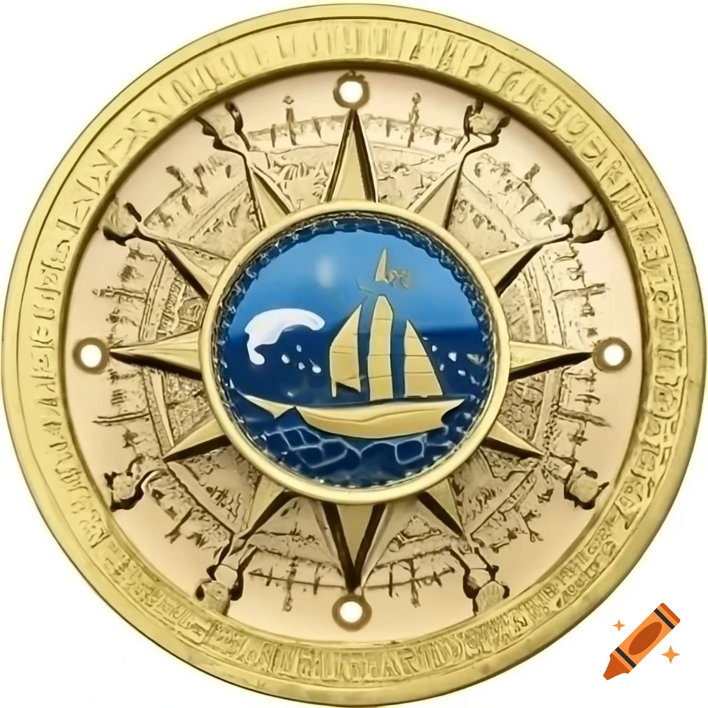 Brass pirate coin design featuring blue whale and sailboat on compass ...