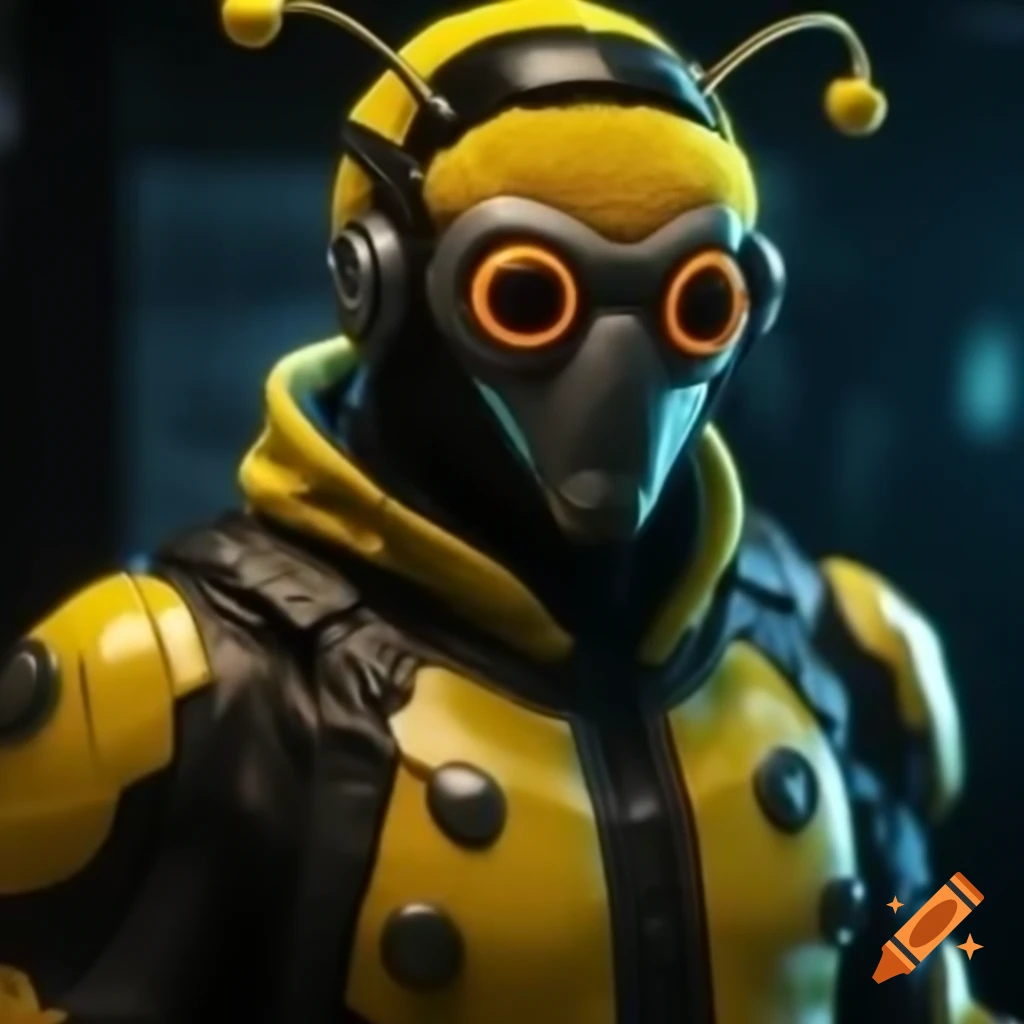 Male hacker in cyberpunk style wearing bumble bee mascot suit on Craiyon
