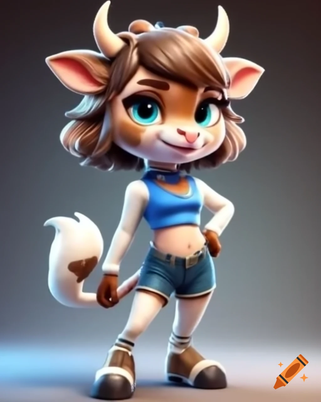 Anthro cow girl in blue crop top striking confident pose on Craiyon