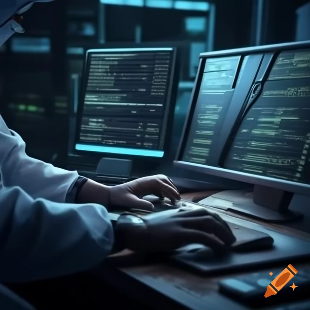 Scientist focused over keyboard with screens displaying intricate code ...