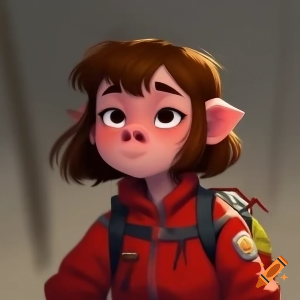 Mobian style pig girl in red jacket, adventurous pose on Craiyon