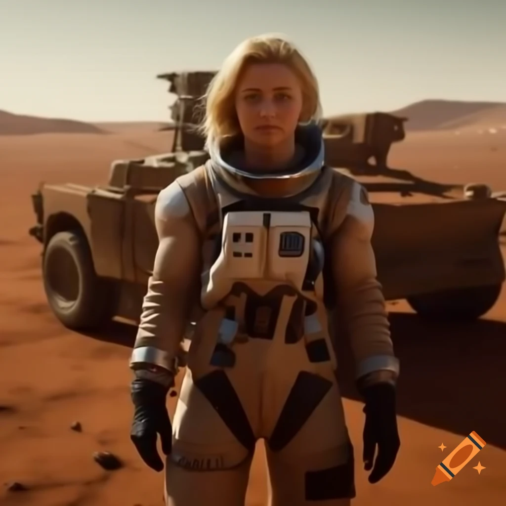 Close-up of female nasa astronaut with mars military vehicle on rust ...