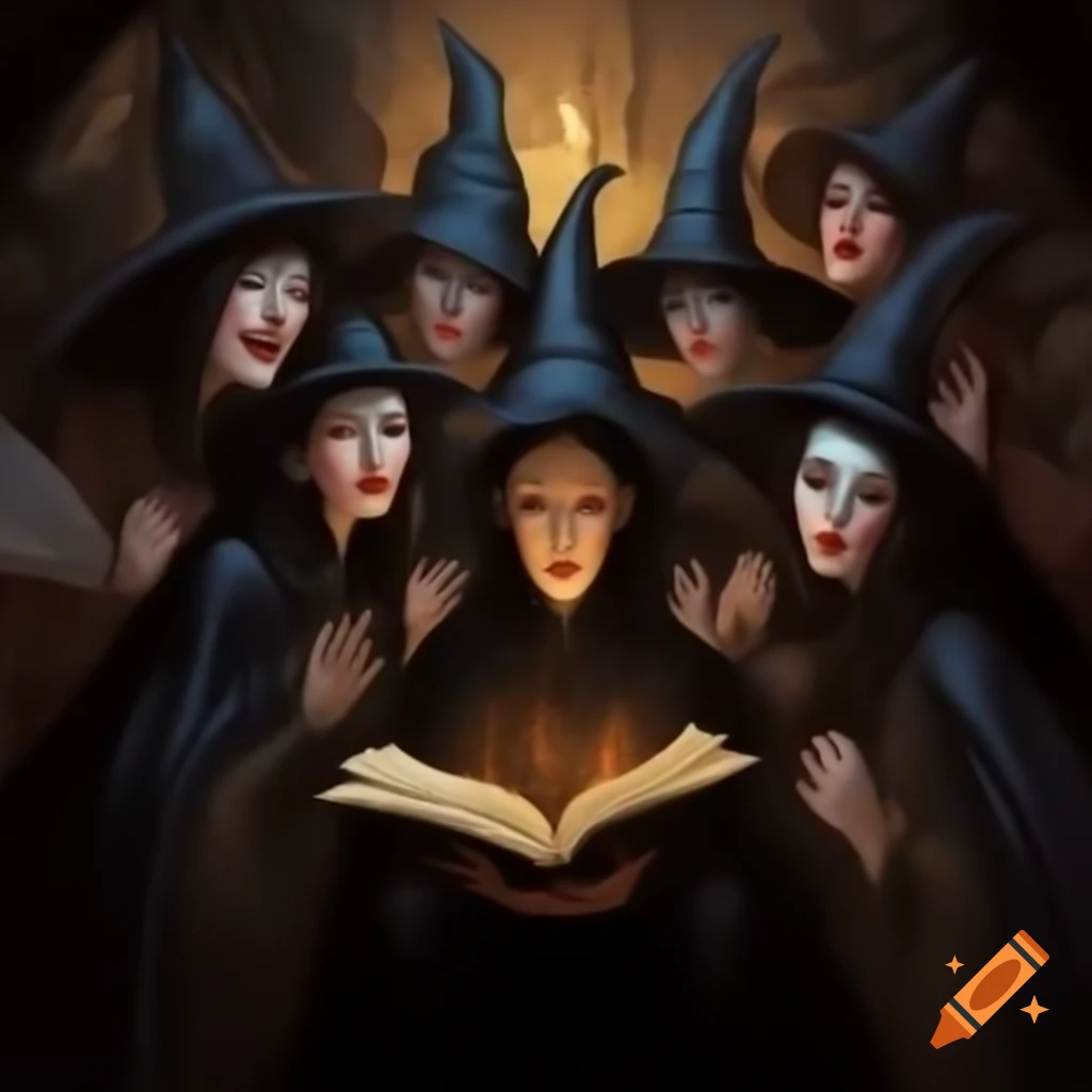 Coven of witches gathering in secret, celebrating banned books on Craiyon