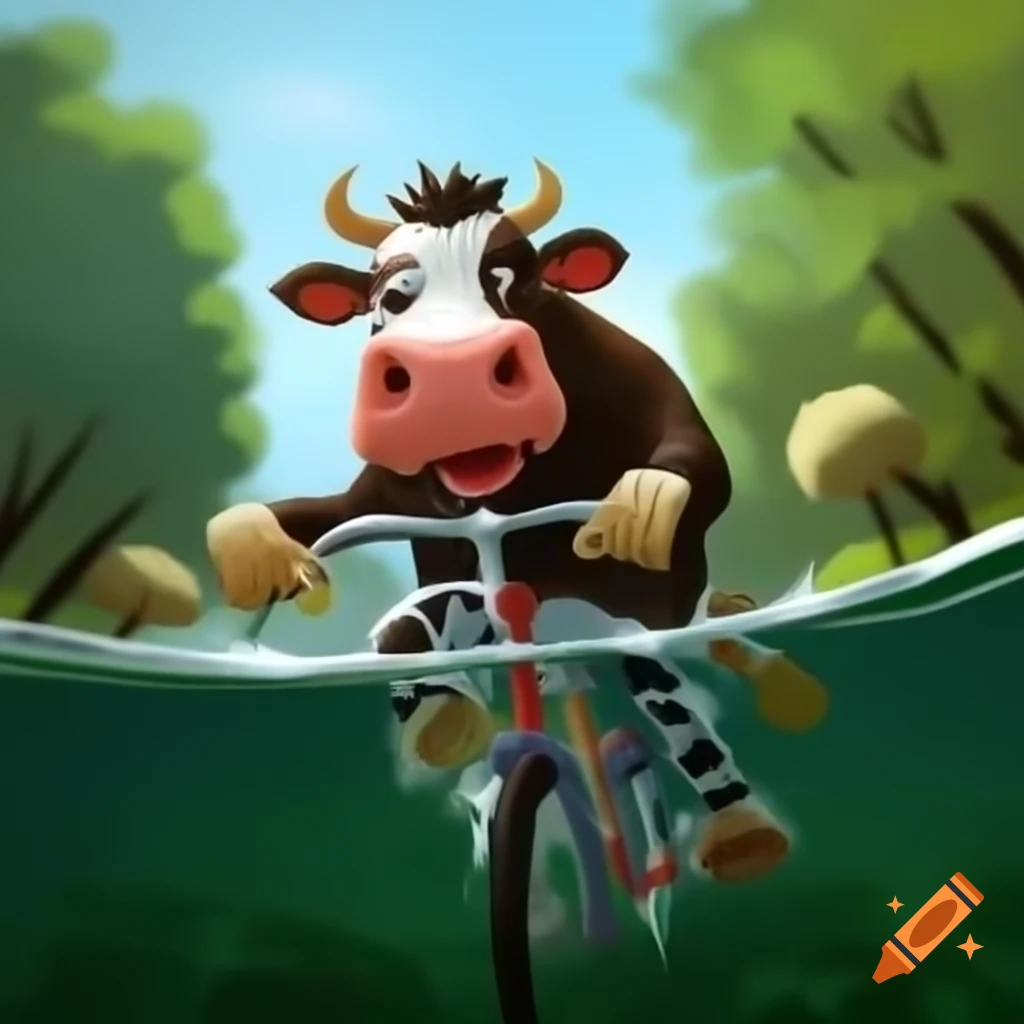 Cow riding a bicycle on water, whimsical scene on Craiyon